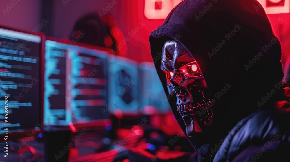 A sleek automaton robot with a polished metal skull stands in a dimly ...