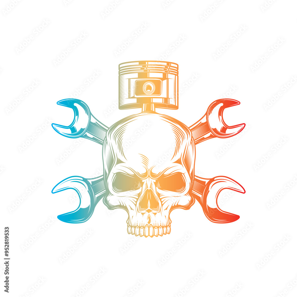 Mechanic logo with skull, pistons and crossed wrenches. Original vector ...