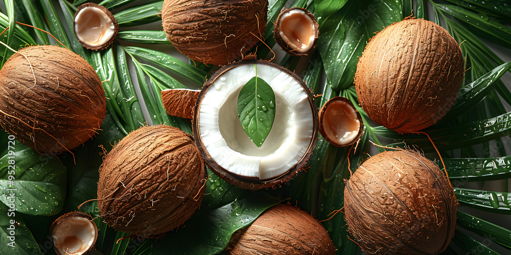 Pile of Fresh Coconut Fruits with Half-Cut Coconuts – Tropical Delicacy ...