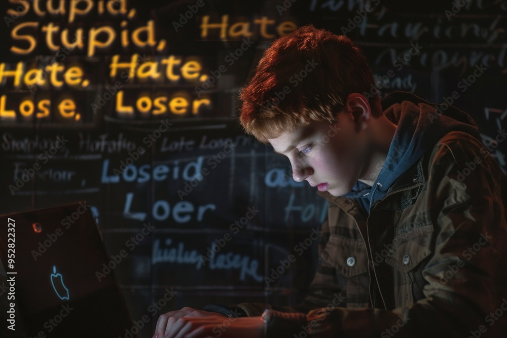 A boy stares intensely at his laptop, surrounded by projected insults ...