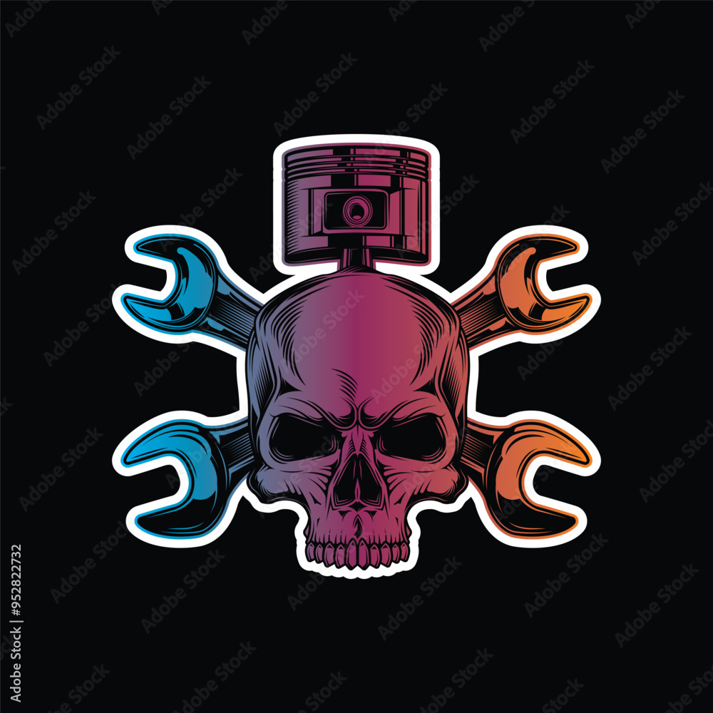 Mechanic logo with skull, pistons and crossed wrenches. Original vector ...