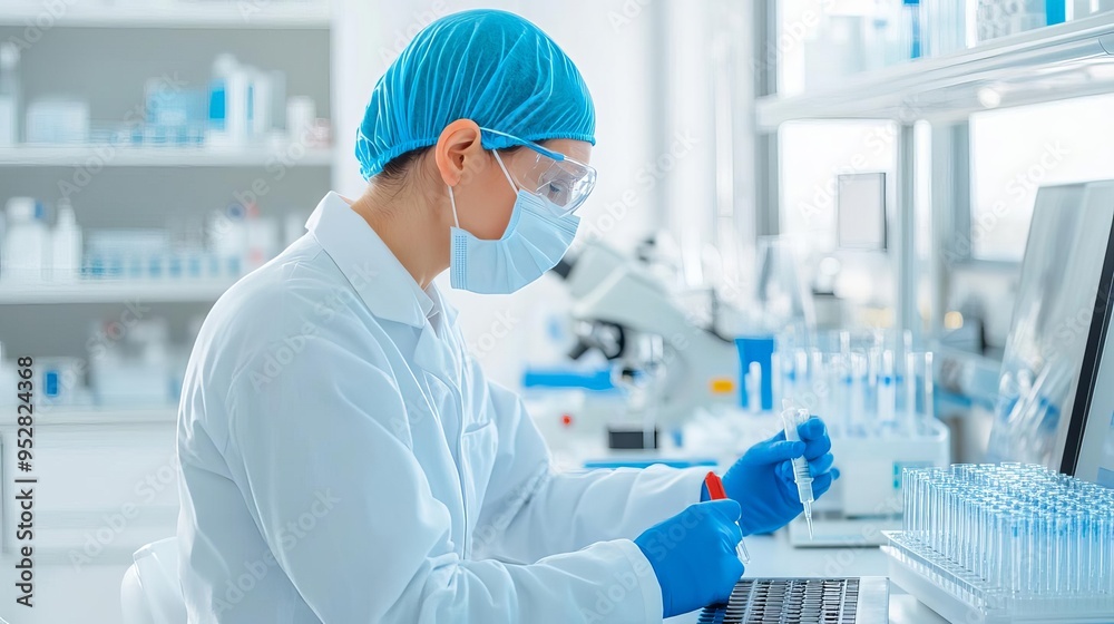 Biopharmaceutical engineer performing cell line development for protein ...