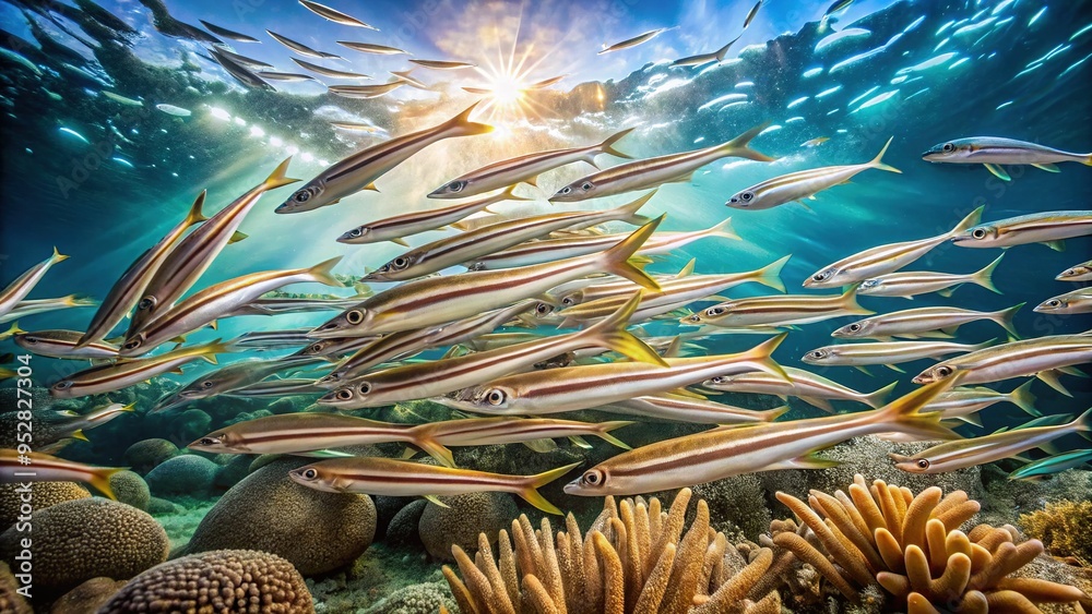 Underwater scene of school of slender sand eels swimming together in ...
