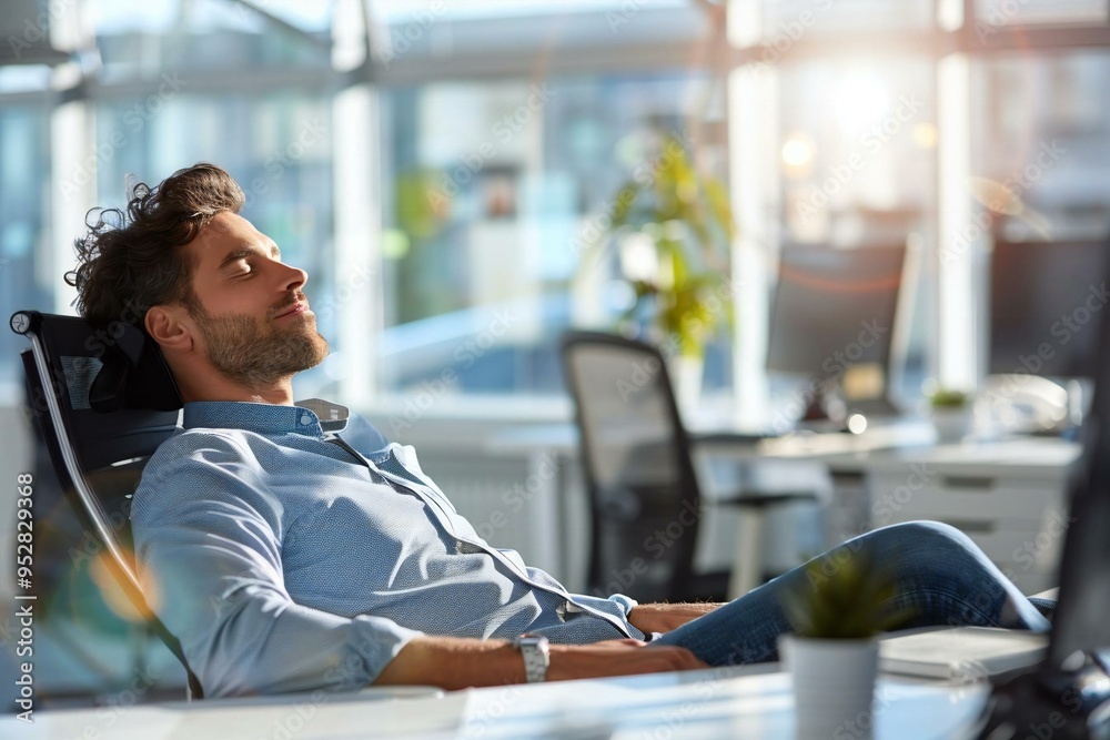 Young businessman sitting relaxed on a chair behind his desk in a ...