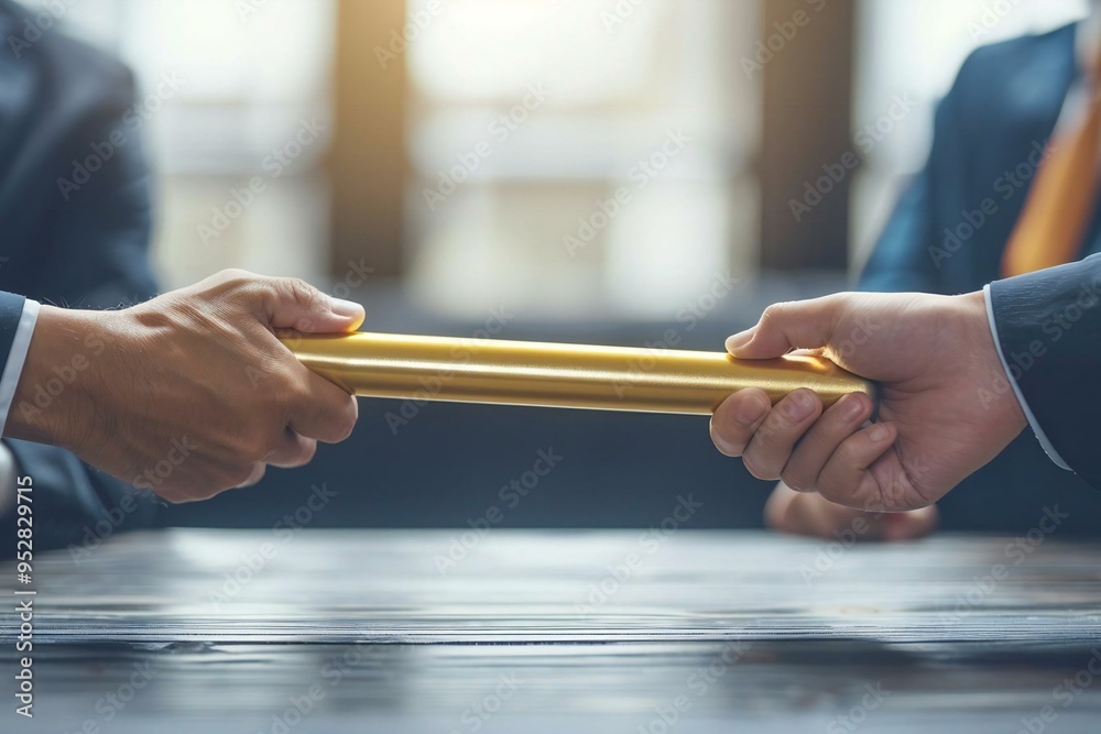 Two men sitting at a table, passing a golden baton in a relay race to ...