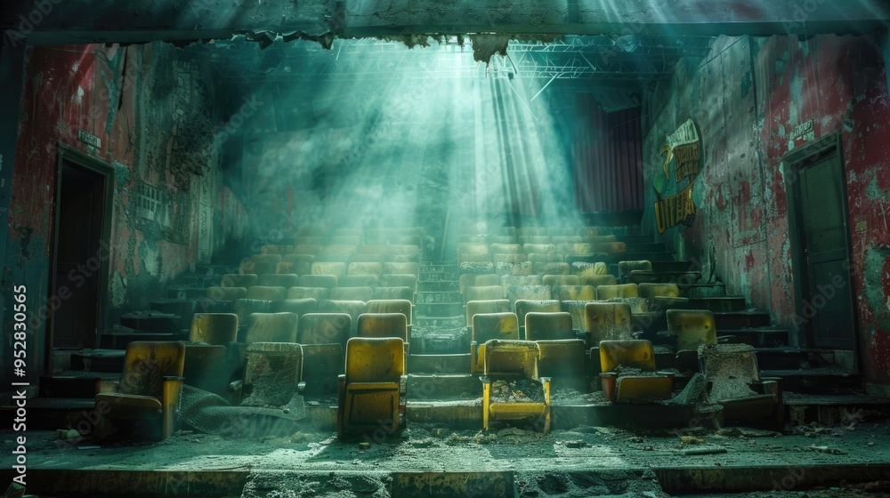An old, forgotten cinema with torn movie posters and dirty seats ...