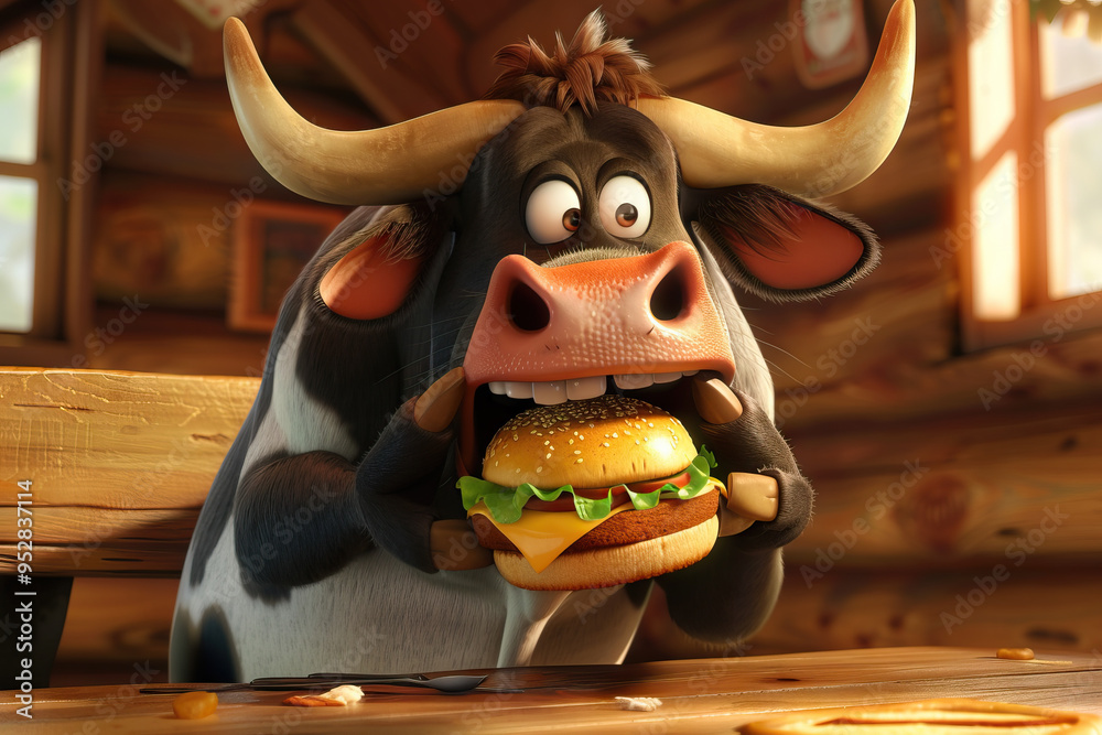 Animated cow humorously eating a burger inside a wooden barn, depicting ...