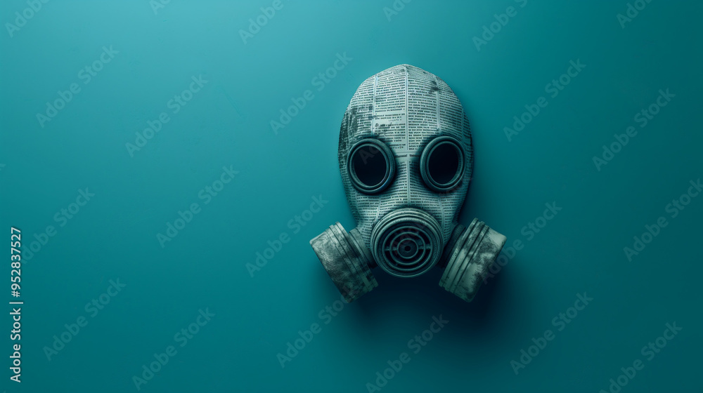 Impactful gas mask crafted from newspaper on a soft light blue ...