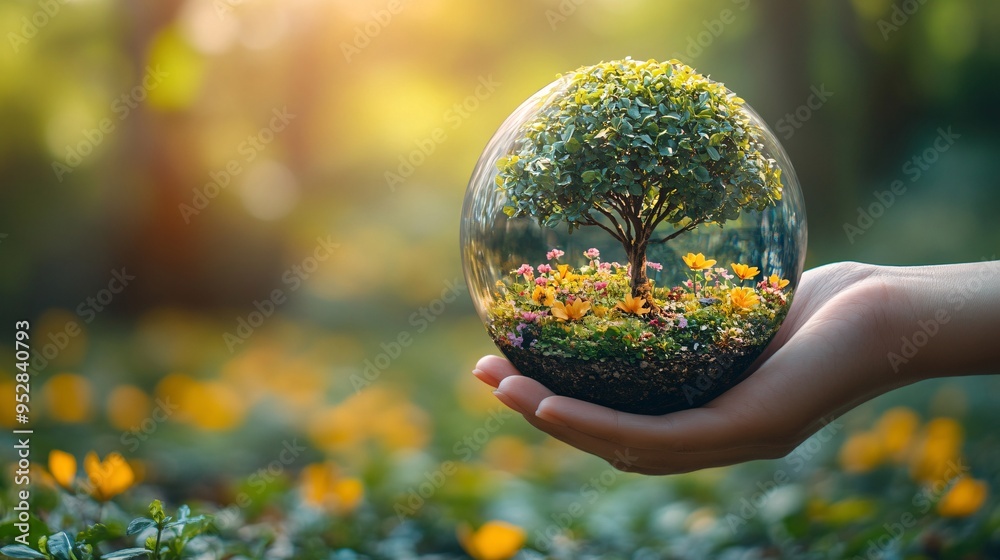 Sustainable Environment: Hand of human holding crystal globe ball with ...