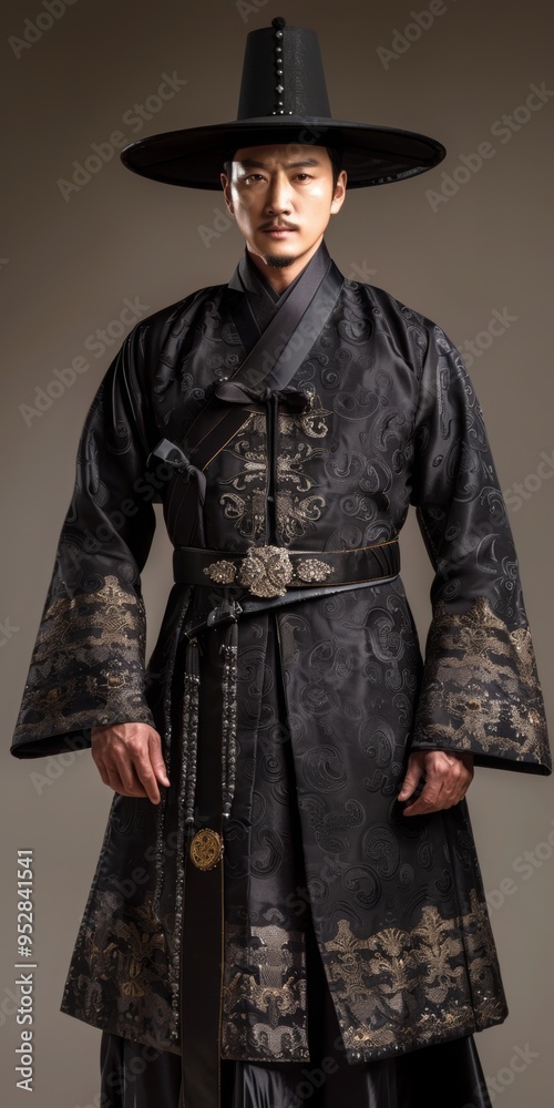 Portrait of man in traditional Korean hanbok attire, wearing black hat ...
