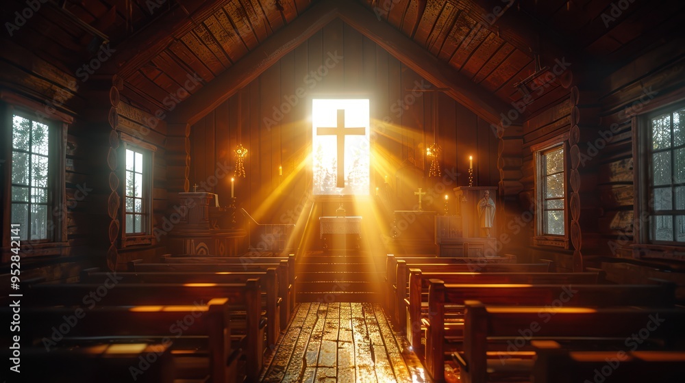 Inside a large church, a cross is illuminated by a bright beam of light ...