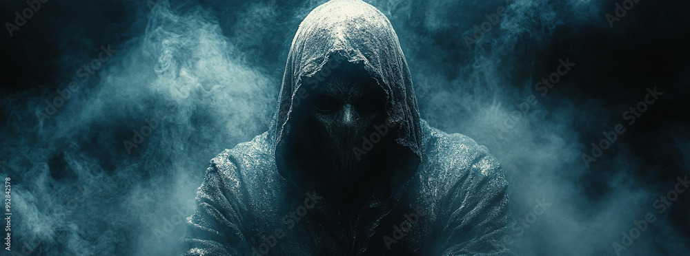 A veiled and mysterious figure shrouded in darkness, emanating an aura ...