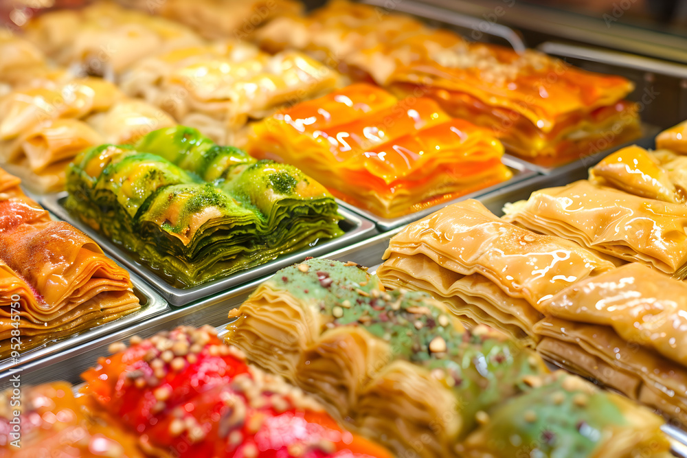 Bright multi-colored Turkish sweets, baklava, sugar syrup, dried fruits ...