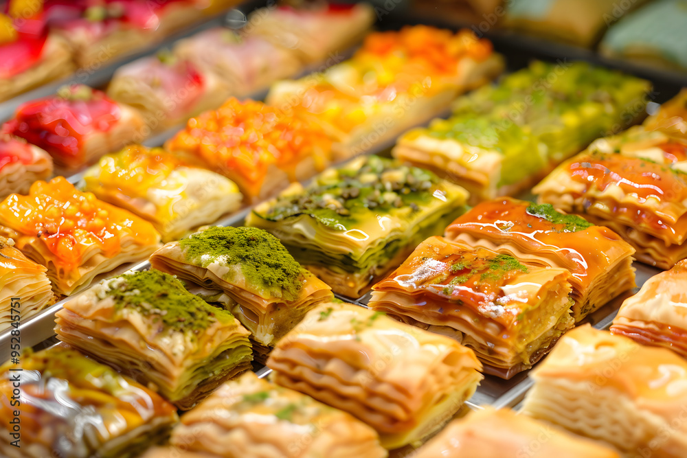Bright multi-colored Turkish sweets, baklava, sugar syrup, dried fruits ...
