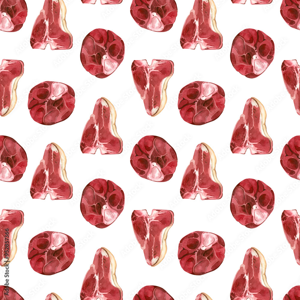 Meat on the bone, steak, beef chops, all objects are hand-drawn with ...