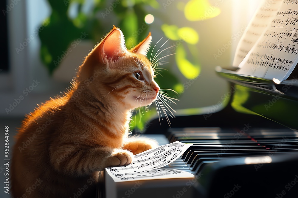 Cat musician composing music in a cozy attic studio, depicted in a warm ...