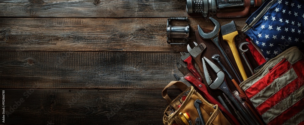 American Flag and Tools on Wooden Background. Labor Day Background ...