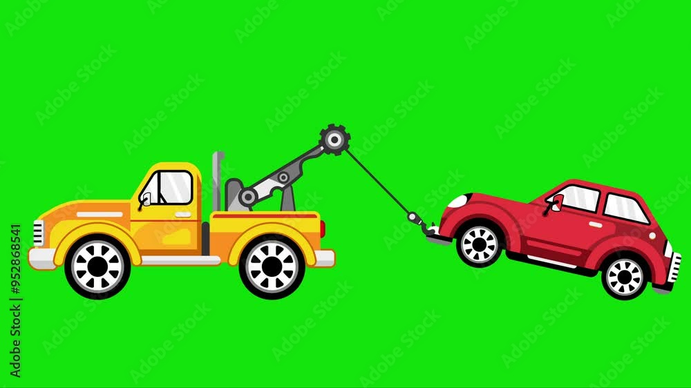 Cartoon car crash animation. Yellow tow truck hooking red car on green ...