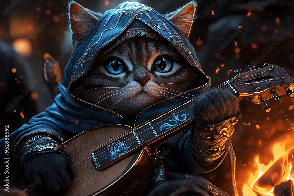 Cat musician in a medieval setting, illustrated in a fantasy artwork ...