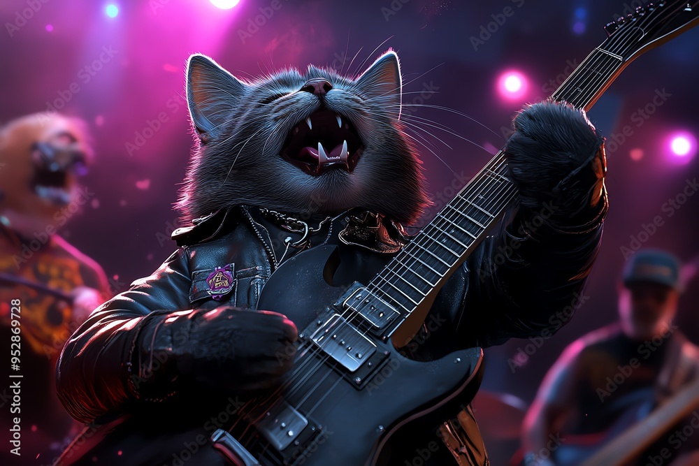 Cat musician in a rock band, depicted in a vibrant digital artwork ...