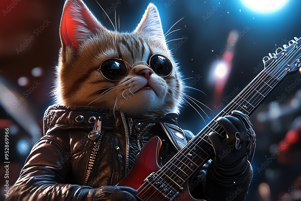 Cat musician in a rock band, depicted in a vibrant digital artwork ...