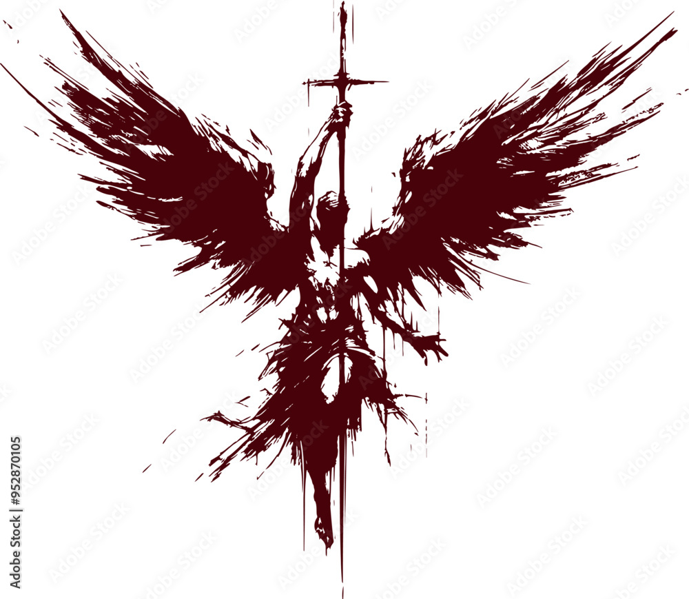 angel hanging in the air holding a long thin sword in front of him ...