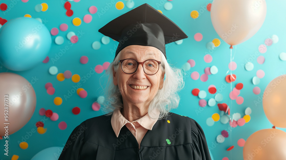Mujer Graduándose Rodeada de Globos y Confeti Stock Photo | Adobe Stock