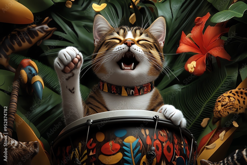 Cat musician performing a drum solo in a rainforest, captured in an ...