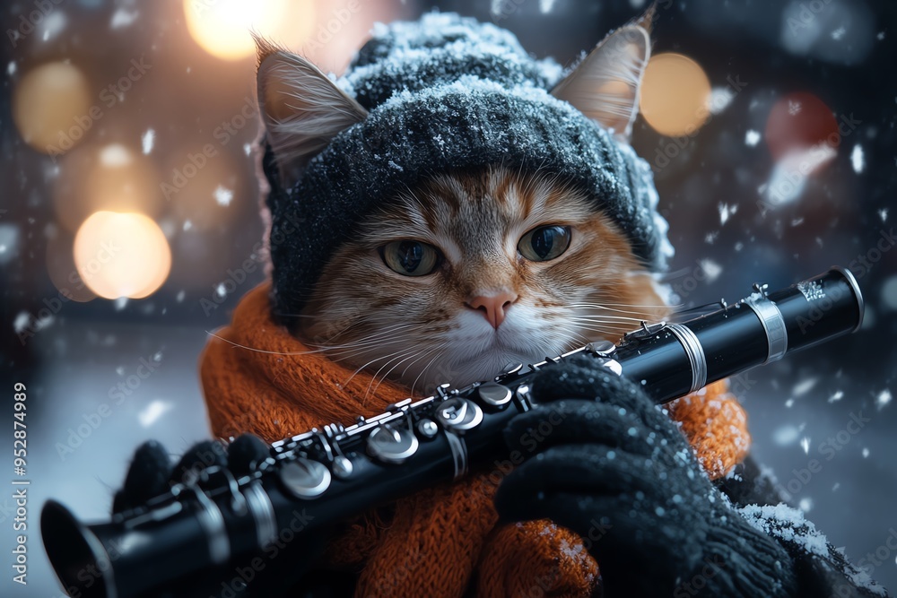 Cat musician performing a solo on a snowy street corner, captured in a ...