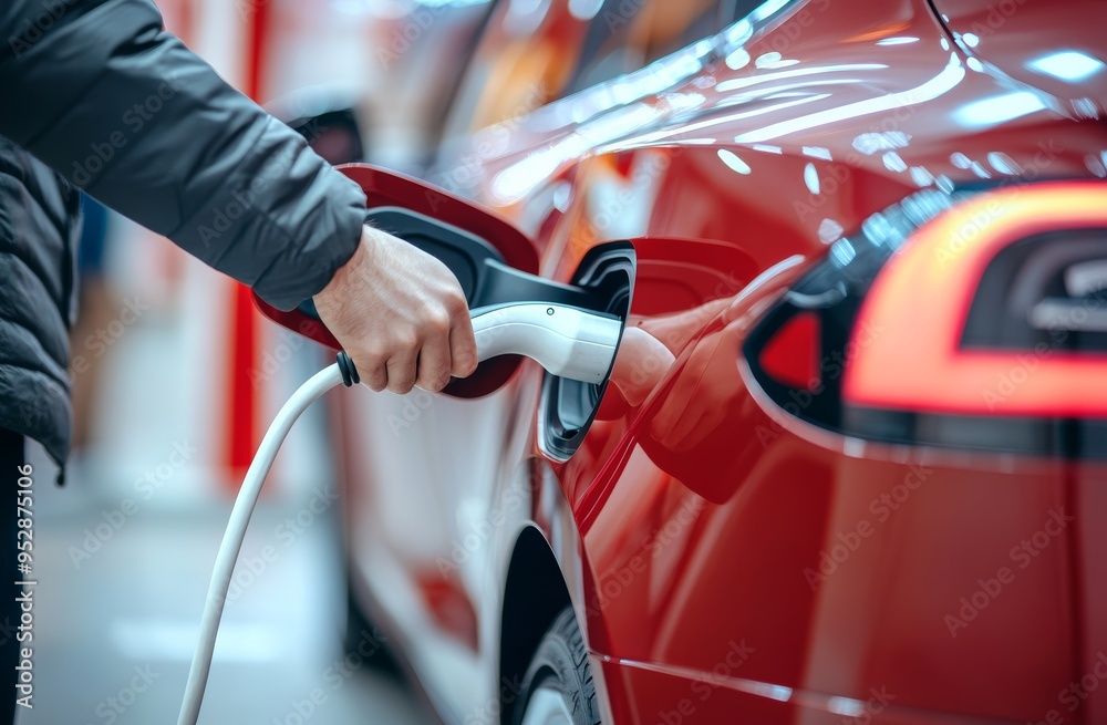 Car charging at an electric vehicle self-service station, a person ...