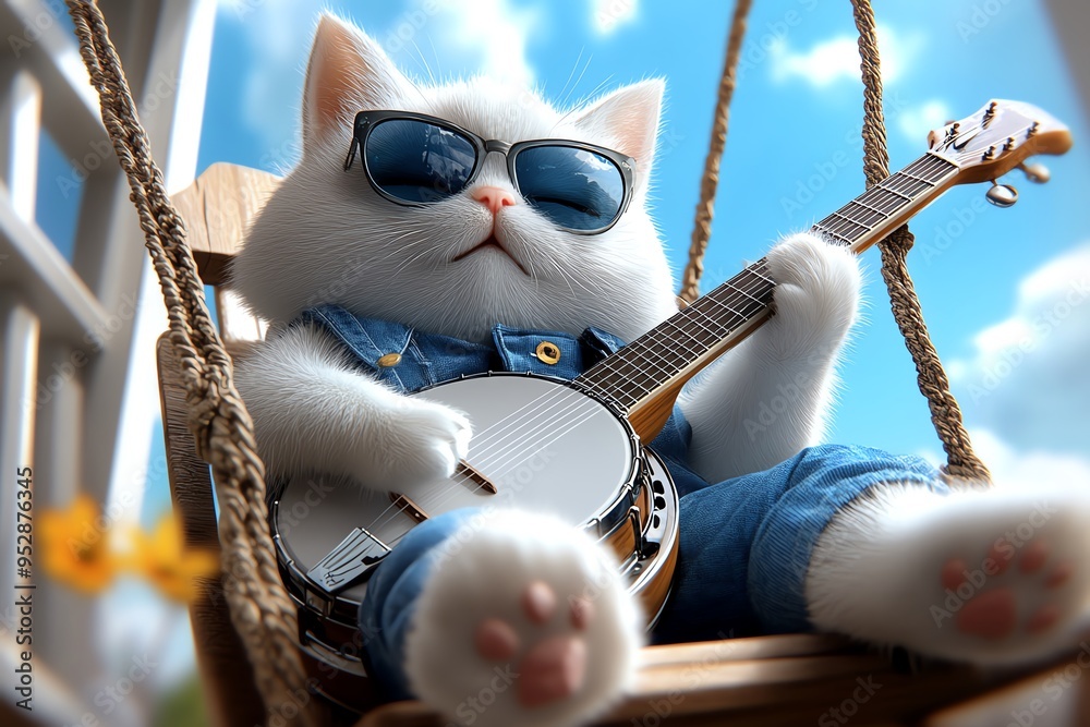 Cat musician playing a banjo on a porch, captured in a charming country ...