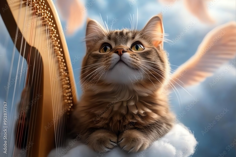 Cat musician playing a harp in a dreamy landscape, captured in a ...
