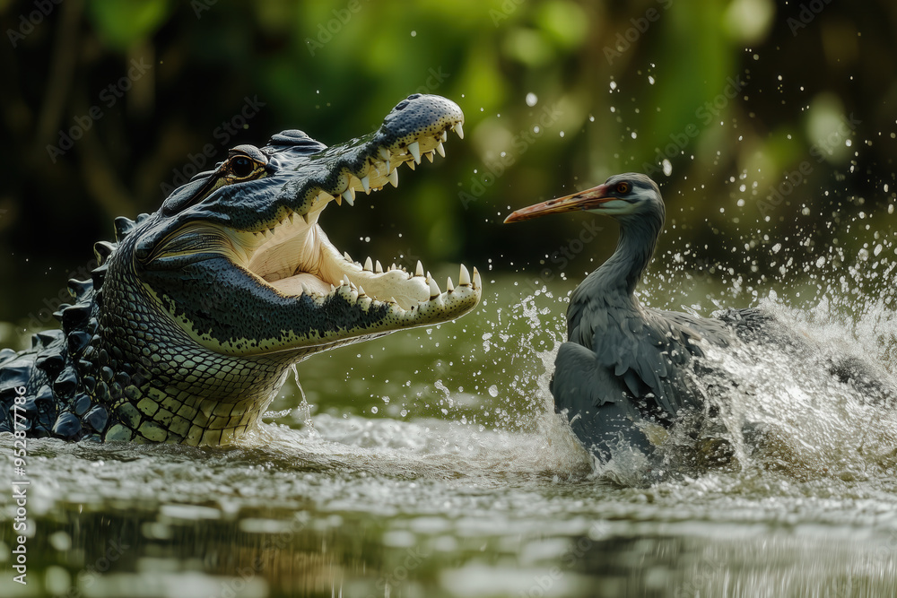 Alligator Lunging at Heron: A tense moment as an alligator lunges from ...