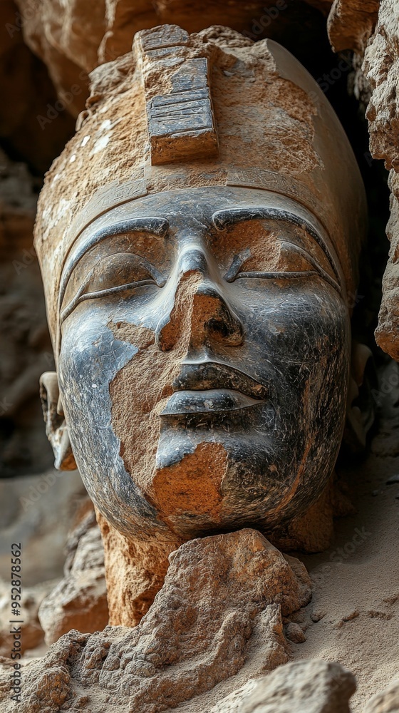 Large, ancient stone statue head partially covered in rock and sand ...