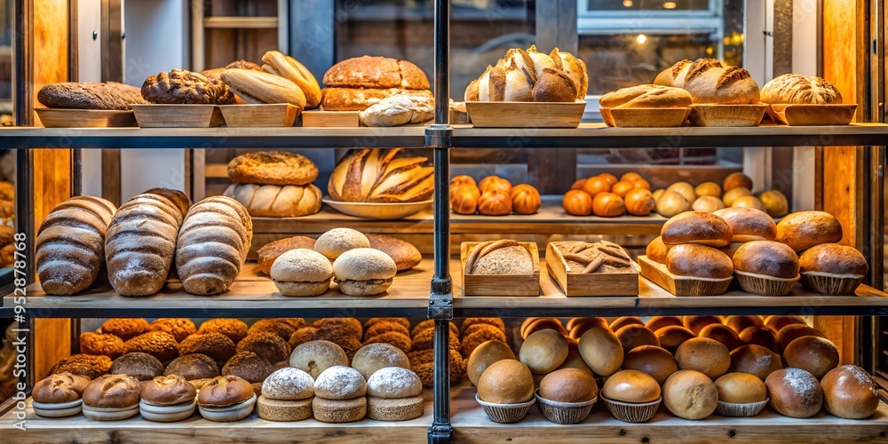 Supermarket. Grocery store. Showcases with flour products. Bread, rolls ...