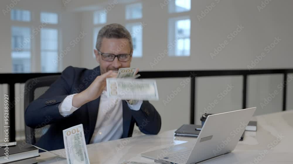 Business man with money dollars cash in office. Portrait of business ...
