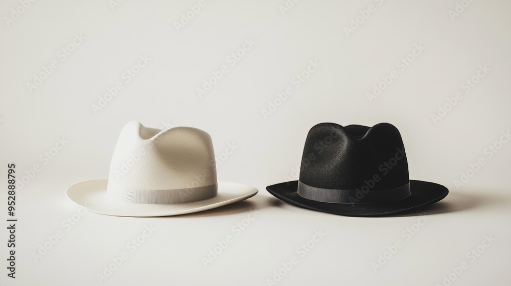 This image features two hats, one white and one black, placed side by ...