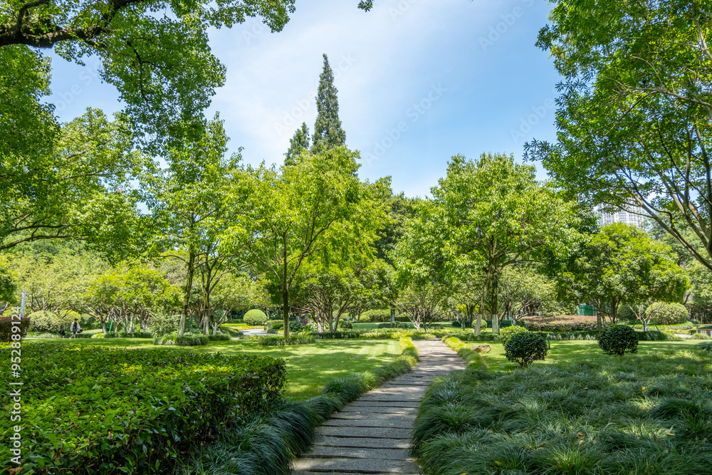 Background texture of a landscaped urban public park with a winding ...