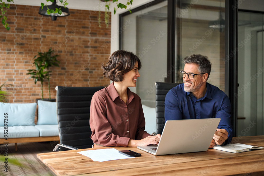 Two happy busy professional executives team business people working ...