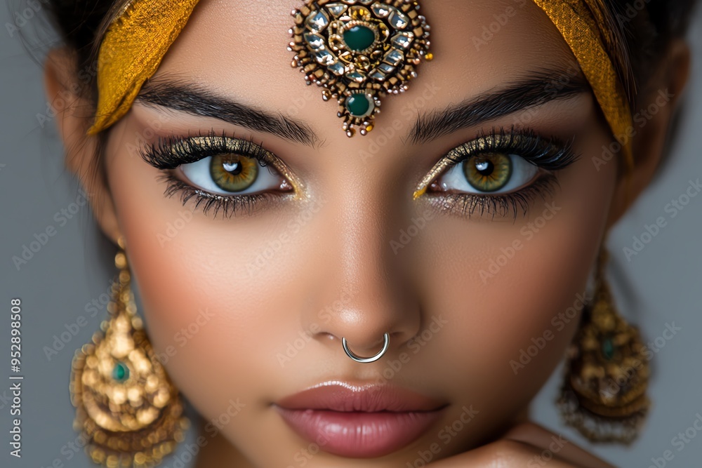 Cultural nose piercing with traditional jewelry, depicted in an artwork ...