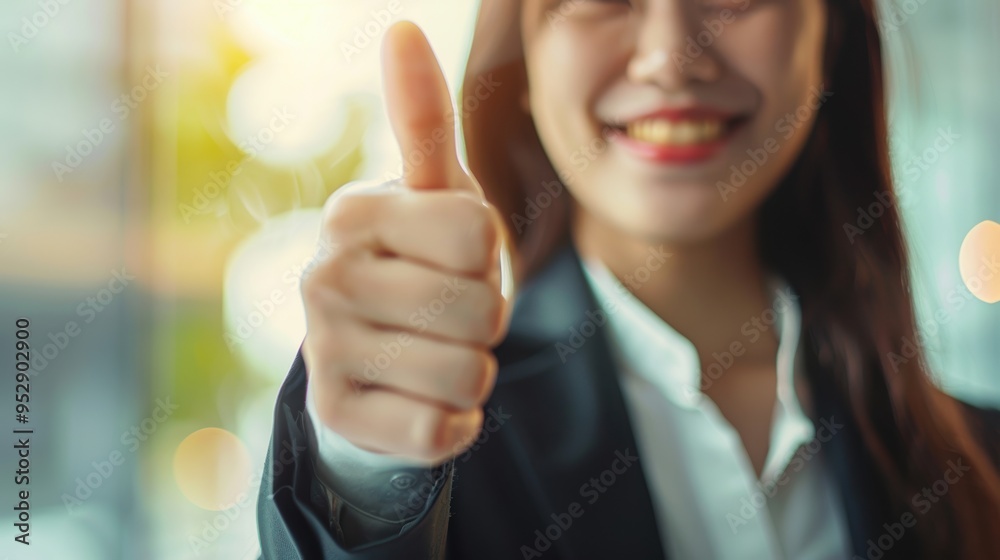 Happy business woman giving a thumbs up and celebrating success with an ...
