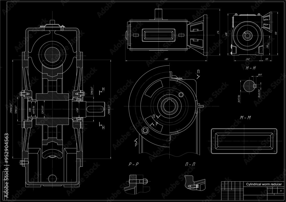 Vector assembly drawing of cylindrical worm reducer. Steel mechanical ...