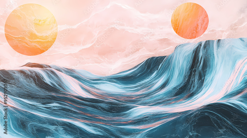 Merge the serenity of the sea with dreamlike elements in a marble ...