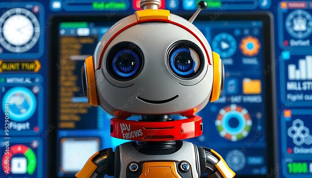 A colorful robot character with round head, large eyes, friendly ...