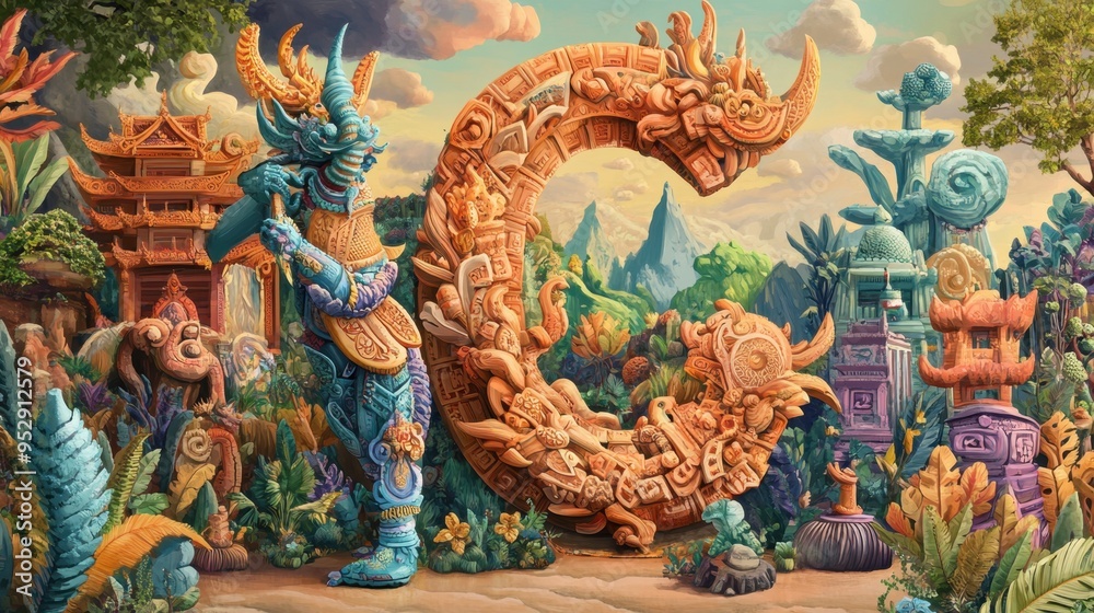 A 3D "C" with Thai patterns, designed as a Thai giant, set against a ...