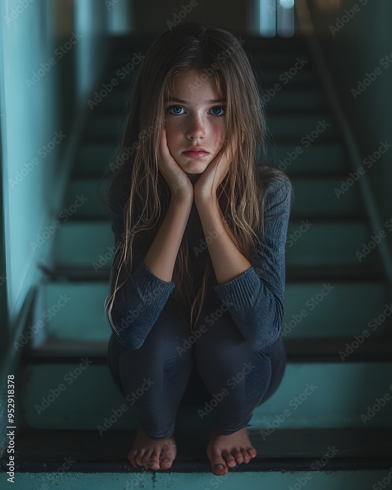 A school girl sits alone in a dark classroom. Her eyes are sad and ...