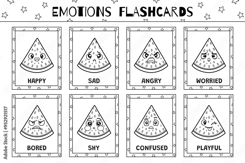 Watermelon flashcards collection in outline. Black and white flash ...