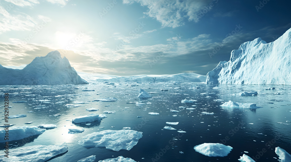 Melting glaciers under a scorching sun, icebergs breaking apart, rising ...