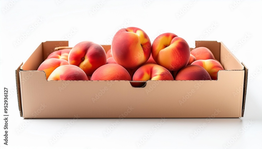 fresh peaches are packed into cardboard boxes ready to be delivered to ...