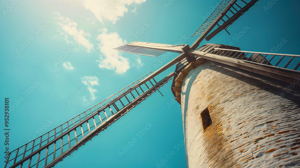 Traditional windmill against blue sky with white clouds. Old historic ...